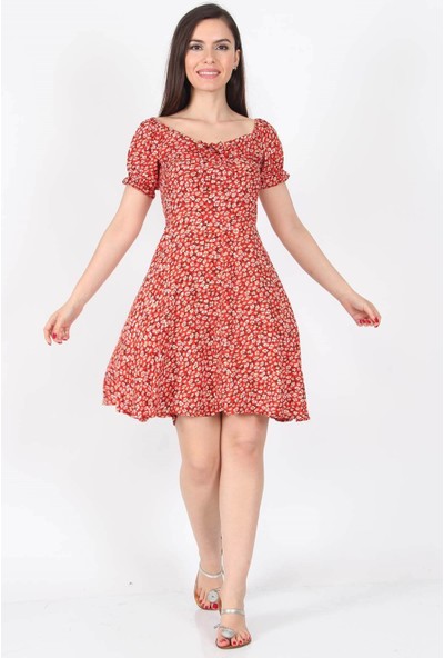 Neşeli Butik Kadın Yakası Bağlama Detaylı Yeni Sezon Viskon Elbise NB8066