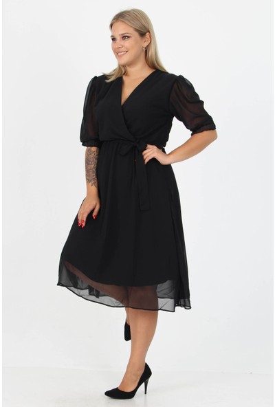 Neşeli Butik Kadın Kruvaze Yaka Midi Boy Büyük Beden Şifon Elbise NB8062