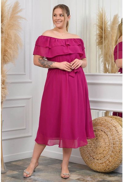 Neşeli Butik Kadın Madonna Yaka Büyük Beden Şifon Elbise NB8061