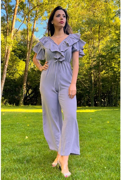 Neşeli Butik Kadın Gri Yakası ve Kolları Fırfırlı V-Yaka Ayrobin Tulum SHNZ21 Neşeli Butik Kadın Gri Yakası ve Kolları Fırfırlı V-Yaka Ayrobin Tulum SHNZ21