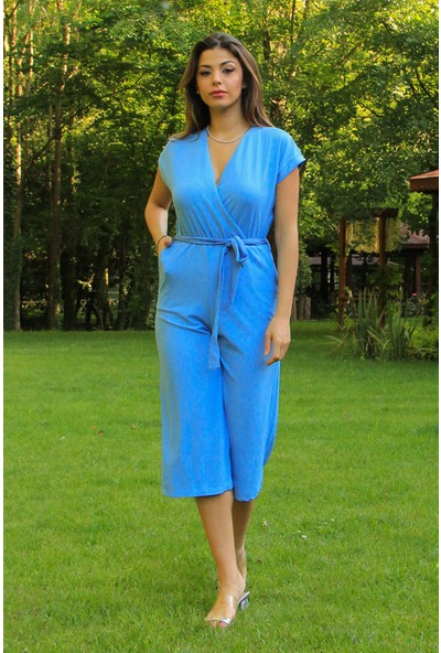 Neşeli Butik Kadın Mavi Kruvaze Yaka Cepli Kuşaklı Yeni Sezon Tulum SHNZ20