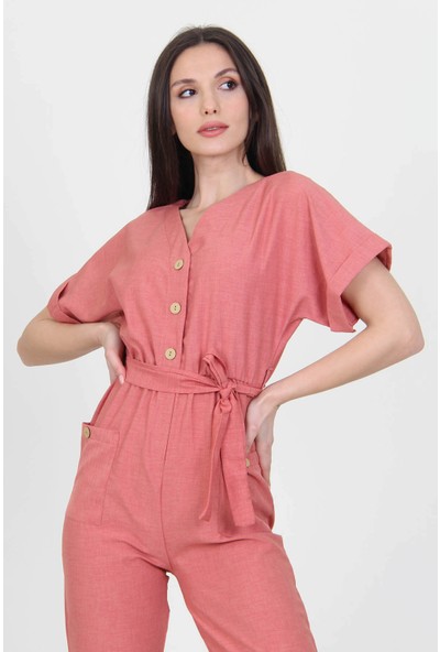Neşeli Butik Kadın V Yaka Düğme Detaylı Tulum NB7068 Neşeli Butik Kadın V Yaka Düğme Detaylı Tulum NB7068