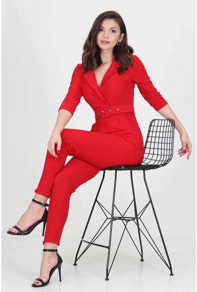 Neşeli Butik Kadın Kemerli Yeni Sezon Likralı Cepli Tulum NB0007