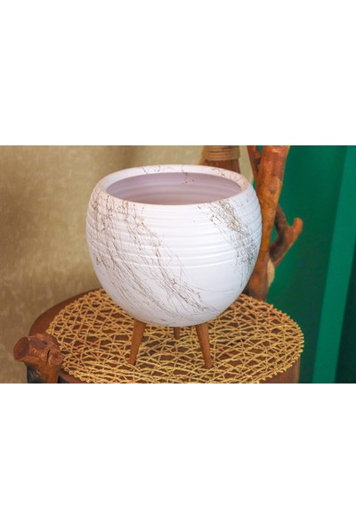 Beyaz Üzeri Gold Küp Terracota Toprak Saksı Büyük Boy 3 Ayaklı