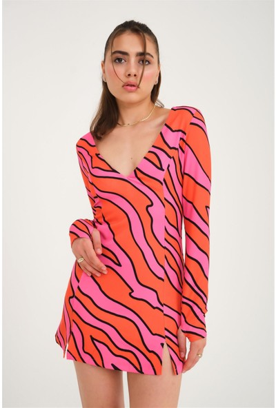 Fineapple Ala x Fineapple Pembe Turuncu V Yaka Elbise Fineapple Ala x Fineapple Pembe Turuncu V Yaka Elbise