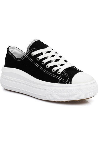 By Tiryaki Siyah Kadın Keten Günlük Spor Düz Taban Bağcıklı Sneaker By Tiryaki Siyah Kadın Keten Günlük Spor Düz Taban Bağcıklı Sneaker