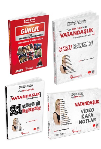Hoca Kafası Yayınları Esra Özkan Karaoğlu 4'lü Set Güncel Bilgiler - Vatandaşlık Video Ders Notu -Vatandaşlık Soru Bankası - Vatandaşlık Deneme KPSS 2022 (Ciltli) Hoca Kafası Yayınları Esra Özkan Karaoğlu 4'lü Set Güncel Bilgiler - Vatandaşlık Video Ders Notu -Vatandaşlık Soru Bankası - Vatandaşlık Deneme KPSS 2022 (Ciltli)