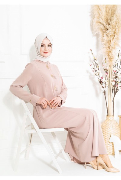 Beyza Nervür ve Etnik Detaylı Bej Ferace 3427