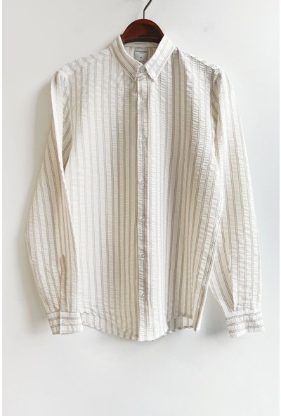 Erkek Iki Çizgili Wafer Beyaz Kahve Gömlek
