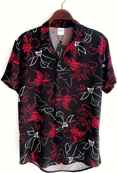 Erkek Viskon Kısa Kol Siyah-Kırmızı Gömlek