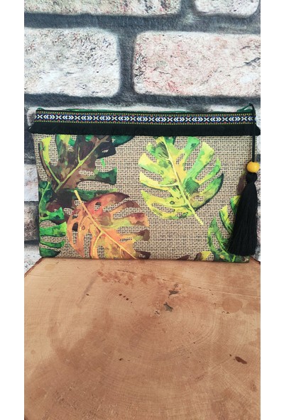 Tataroğlu Dijital Kumaş Jüt Efektli Renkli Yapraklı Clutch Çanta Tataroğlu Dijital Kumaş Jüt Efektli Renkli Yapraklı Clutch Çanta