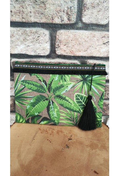 Jüt Efektli Tropikal Yapraklı Püslük Şeritli Clutch Çanta