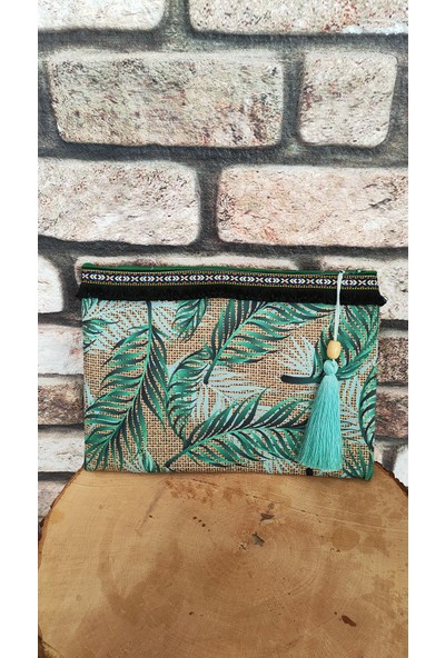 Tataroğlu Dijital Kumaş Jüt Efektli Ince Yapraklı Püskül Şeritli Clutch Çanta Tataroğlu Dijital Kumaş Jüt Efektli Ince Yapraklı Püskül Şeritli Clutch Çanta