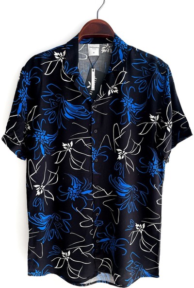 Erkek Viskon Kısa Kol Siyah-Mavi Gömlek