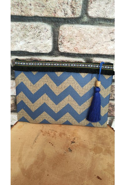 Tataroğlu Dijital Kumaş Jüt Efektli Mavi Zigzaglı Püskül Şeritli Clutch Çanta Tataroğlu Dijital Kumaş Jüt Efektli Mavi Zigzaglı Püskül Şeritli Clutch Çanta