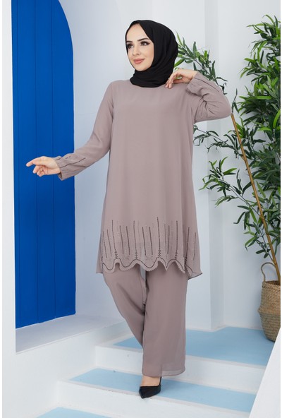 İmaj Butik Büyük Beden Taş Detaylı Tesettür Abiye Takım/vizon