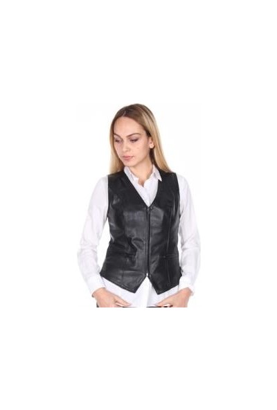 Deri Siyah Spor Fermuarlı Kadın Deri Yelek