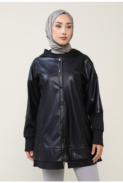SETRMS Siyah Kapişonlu Çıtçıtlı Deri Kap 2213103