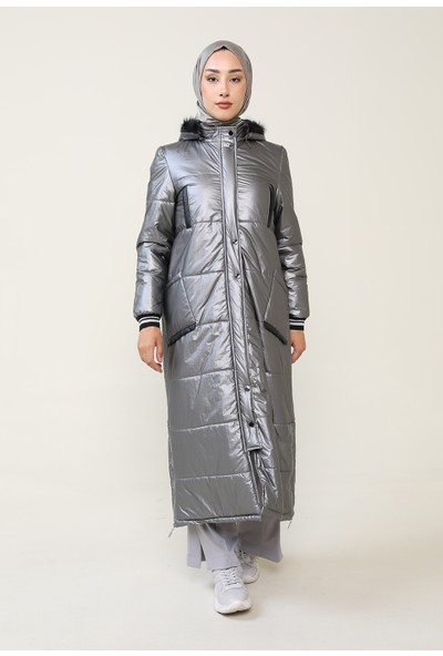 SETRMS Antrasit Kapişonlu Uzun Parlak Şişme Kaban 2213089