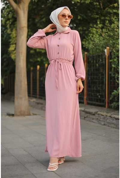 İmaj Butik Gömlek Yaka Önden Düğmeli Tesettür Elbise/açık Pudra