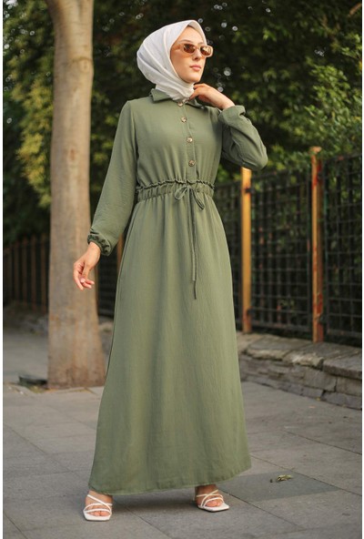 İmaj Butik Gömlek Yaka Önden Düğmeli Tesettür Elbise/haki İmaj Butik Gömlek Yaka Önden Düğmeli Tesettür Elbise/haki