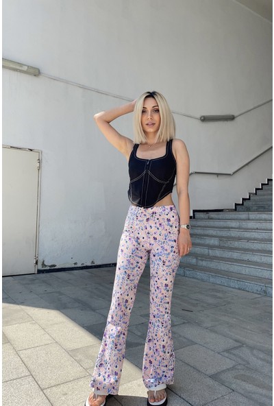 İksora Kadın Çiçek Desenli Yüksek Bel Ispanyol Paça Örme Pantolon