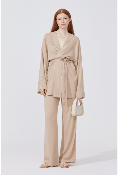 Bej Dökümlü Kimono Pantolon Takım