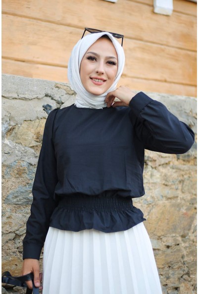 İmaj Butik Beli Lastikli Kolu Büzgülü Kısa Tesettür Bluz/siyah