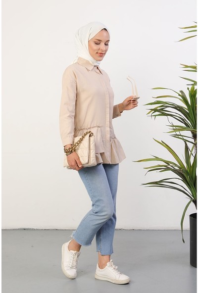 İlkimay Altı Fırfır Detay Boncuklu Tesettür Gömlek Tunik 319 - Taş
