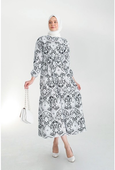İlkimay Kuşaklı Karışık Desen Morrone Tesettür Elbise 318- Siyah