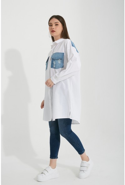 Açelya Kadın Kot Kumaş Detaylı Tunik Gömlek