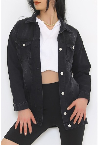 İlkecim Butik Kadın Ceket Yırtıklı Boyfrend Kot Füme - 0833.925.