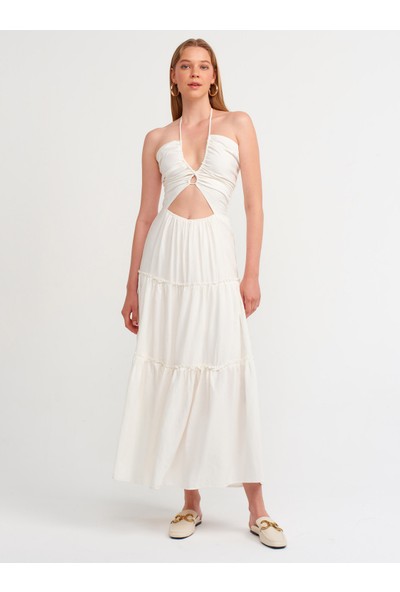 90359 Boyundan Bağlamalı Uzun Elbise-Ekru