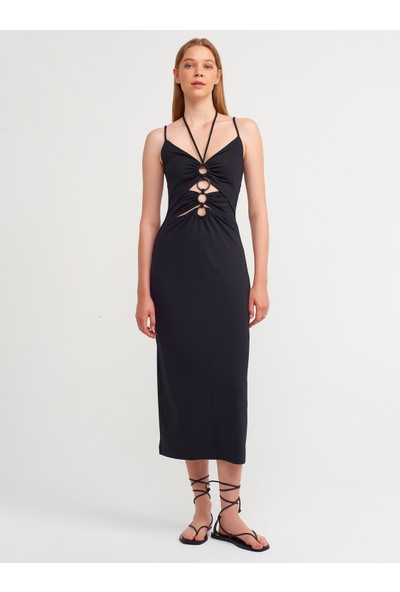 90347 Halka Detaylı Midi Boy Elbise-Siyah