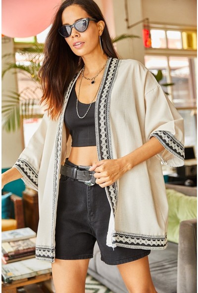 Ag Woman Keten Kumaş Yaka Şeritli Kimono Ag Woman Keten Kumaş Yaka Şeritli Kimono