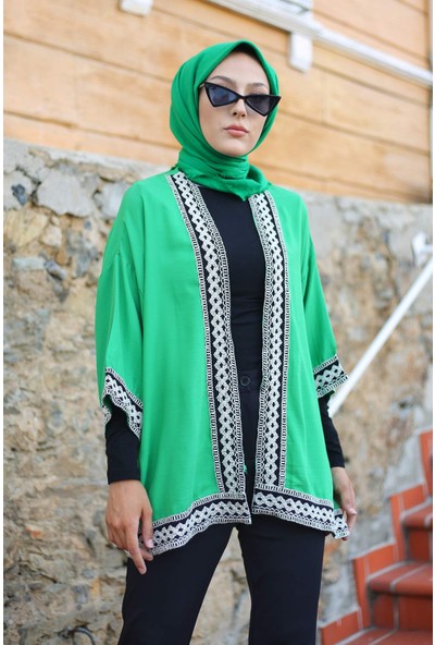 İmaj Butik Dantel Şeritli Tesettür Kimono/yeşil