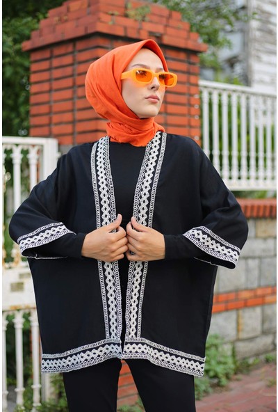 İmaj Butik Dantel Şeritli Tesettür Kimono/siyah