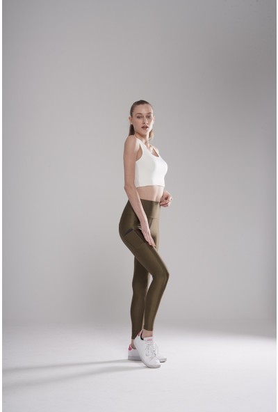 Mdz Collectıon Parlak Cepli Haki Yeşil Tayt