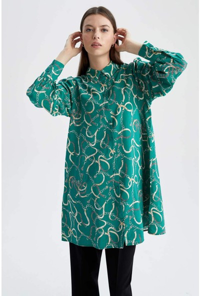 DeFacto Regular Fit Gömlek Yaka Desenli Uzun Kollu Viskon Tunik Y1903AZ22AU