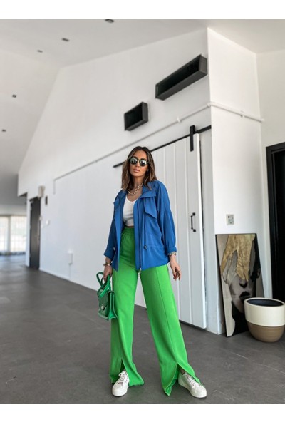 Butik Bukalemun Yeşil Beli Lastikli Yırtmaçlı Pantolon