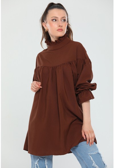 Kahve Kadın Marul Yaka Kol Lastikli Salaş Tunik P-040411