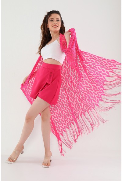 Julude Fuşya Kadın Dantelli Pareo Yelek P-040415