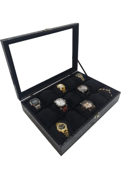 Dijital Çarşı 15'li Saat Kutusu Timsah Desen Siyah Rugan