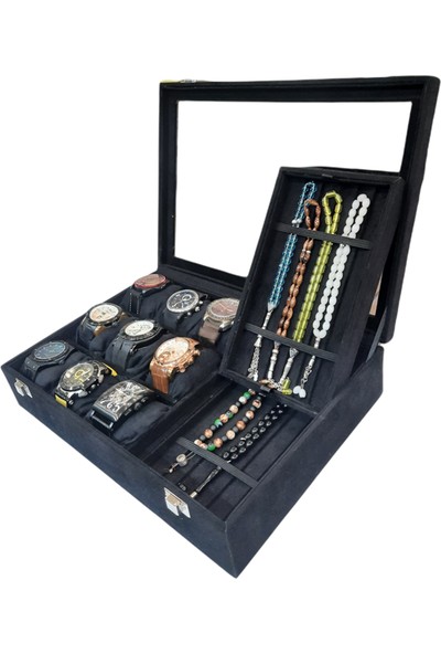 Dijital Çarşı 9'lu Saat ve Bileklik Veya Tesbih Bölmeli Kutu Özel Tasarım Süet Siyah Dijital Çarşı 9'lu Saat ve Bileklik Veya Tesbih Bölmeli Kutu Özel Tasarım Süet Siyah