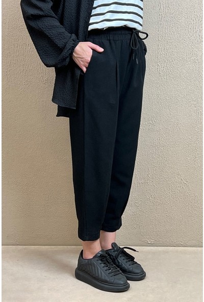 Keten Pileli Pantolon Siyah