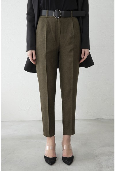 Kemerli Pileli Pantolon Haki