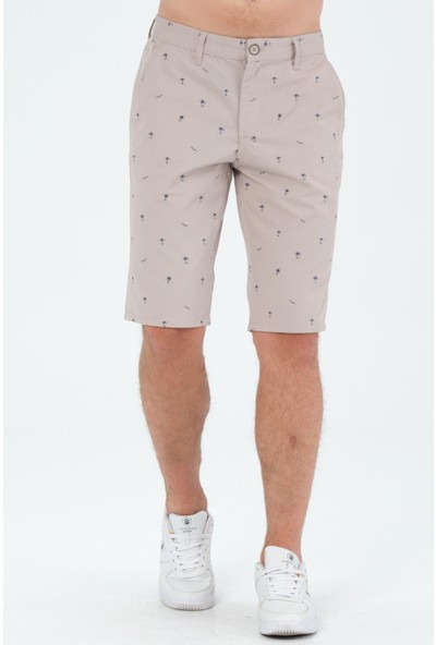 Explode Bej Erkek Palmiye Desenli Slim Fit Chino Bermuda Şort