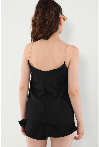 Siyah Kadın V Yaka Zincir Askılı Bluz P-040389