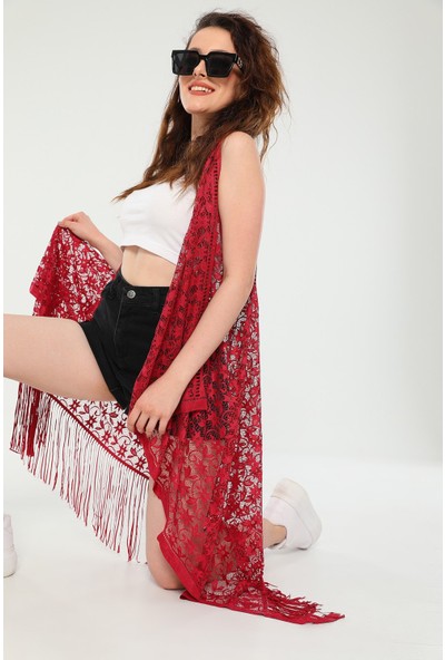 Bordo Kadın Dantelli Pareo Yelek P-040412