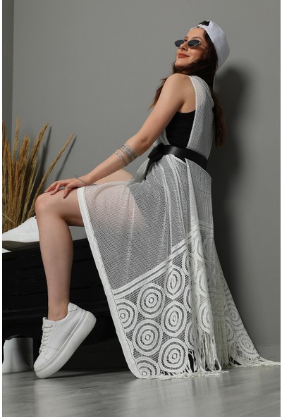 Krem Kadın Dantelli Pareo Yelek P-040413 Krem Kadın Dantelli Pareo Yelek P-040413